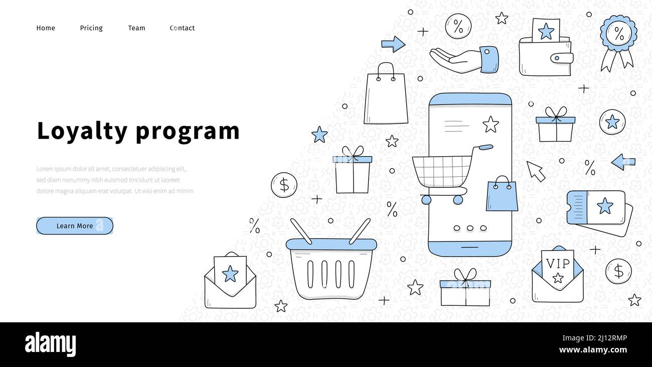 Loyalty program banner with doodle gift boxes, mobile phone, shopping ...