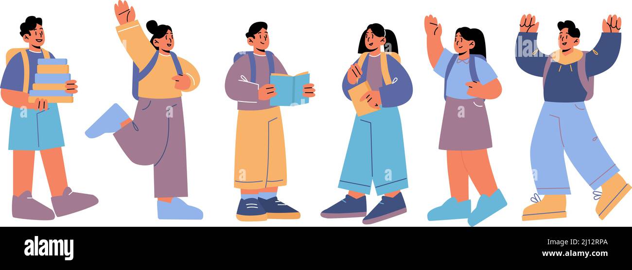 Back to school, kids students with backpacks and textbooks stand in row ...