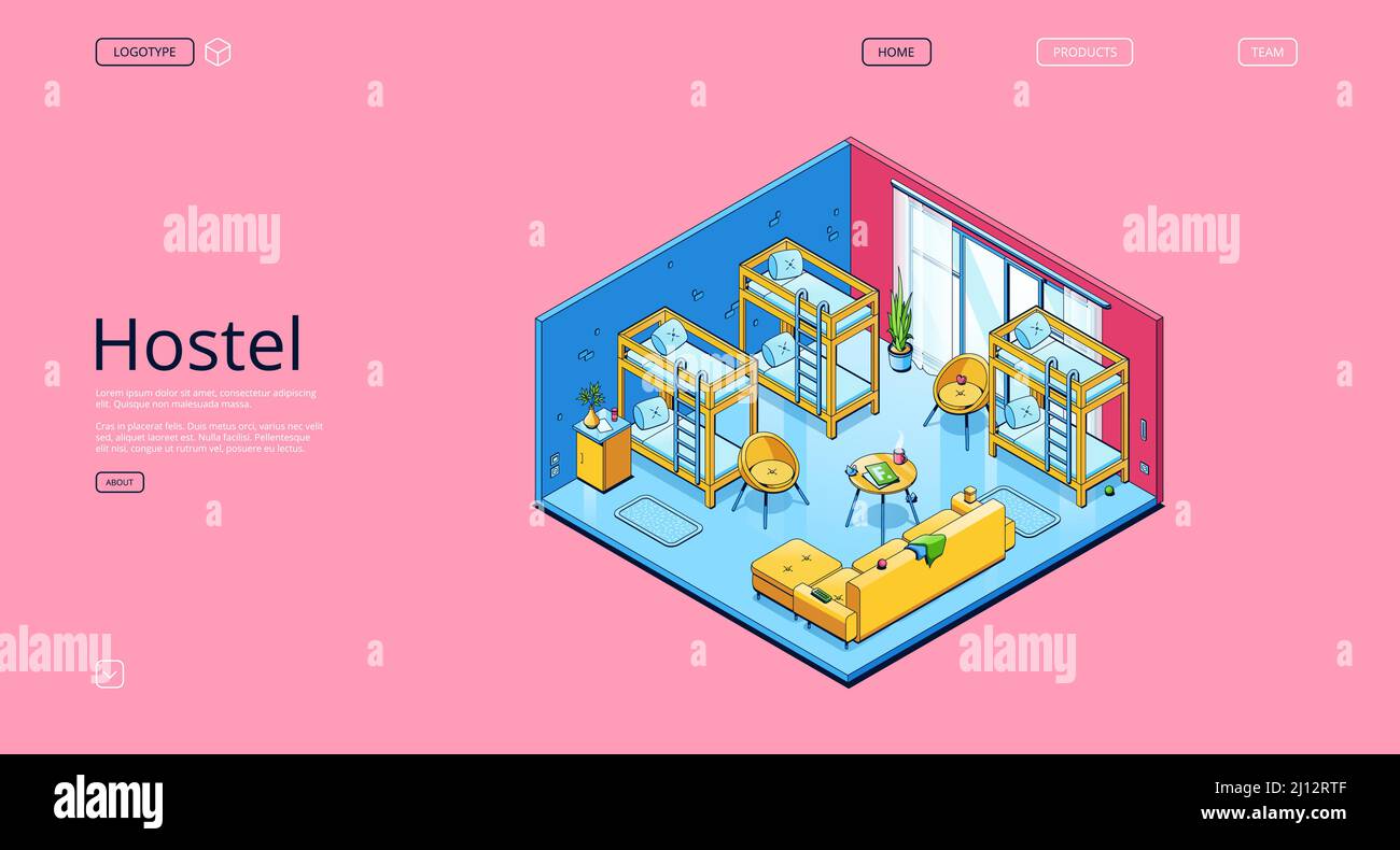 Hostel banner with isometric interior of bedroom in guesthouse. Vector ...