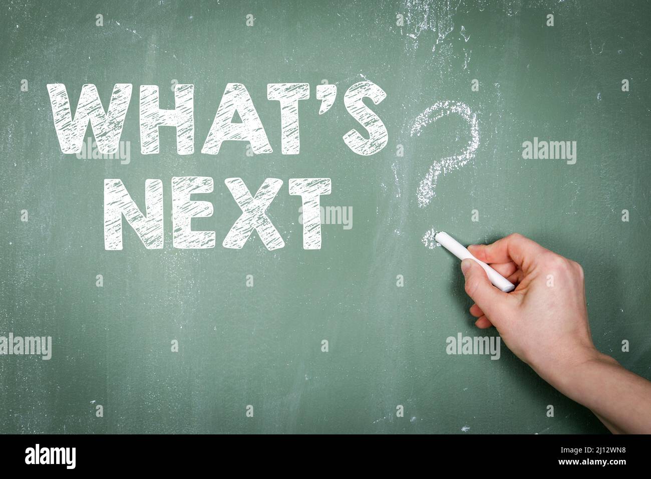 What's next. Text with a question mark on a green chalkboard background ...