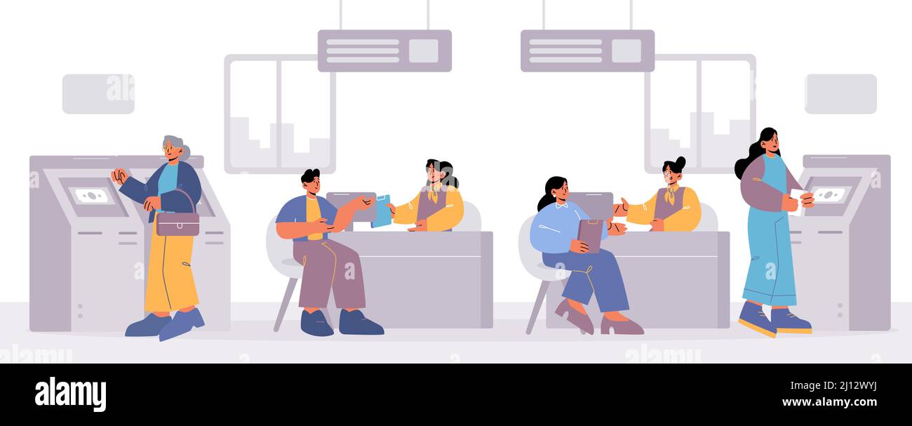 People visiting bank office, clients withdraw money at atm, talking to ...