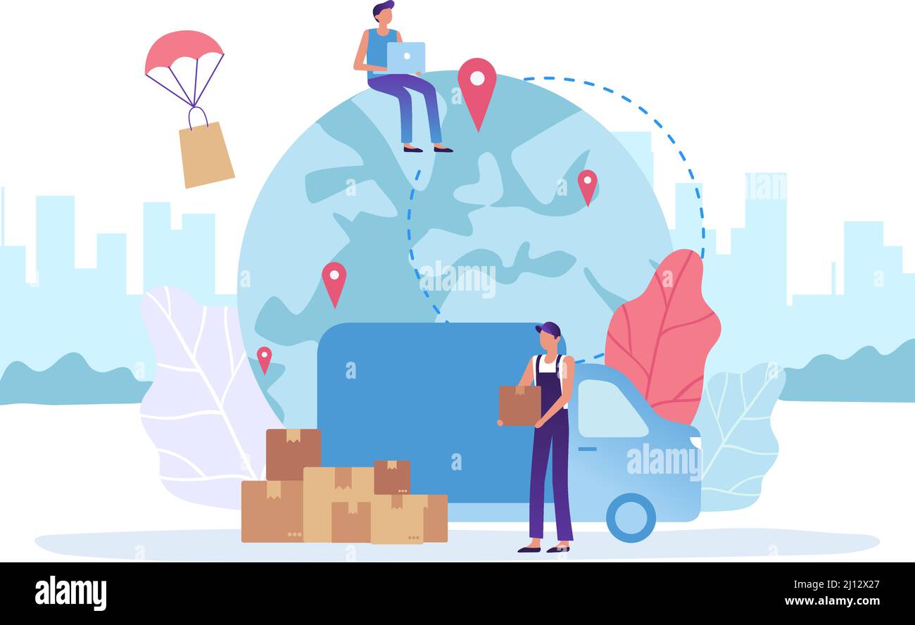 Global delivery service. Courier holding cardboard box, standing near ...