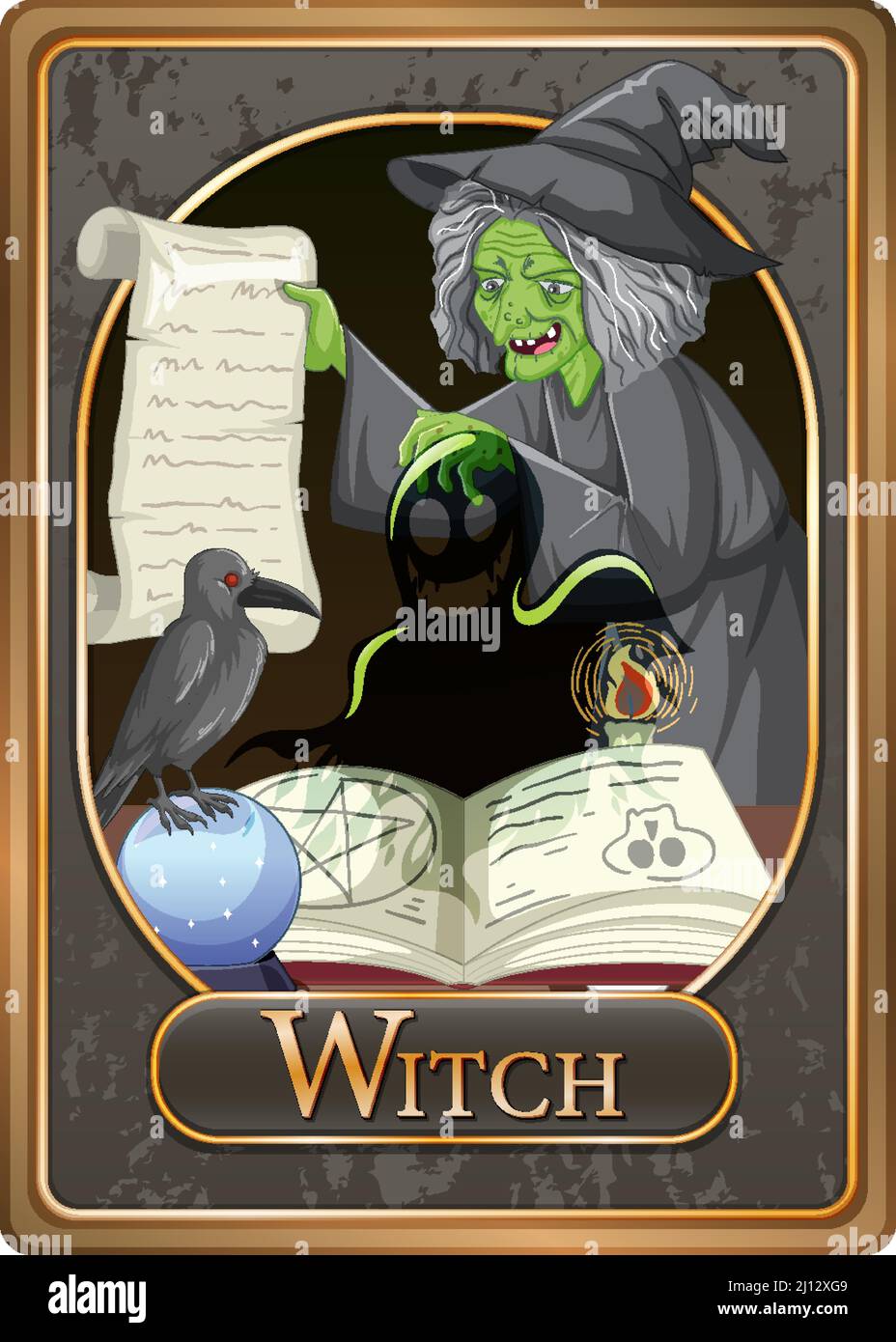 Old green witch character game card template illustration Stock Vector ...