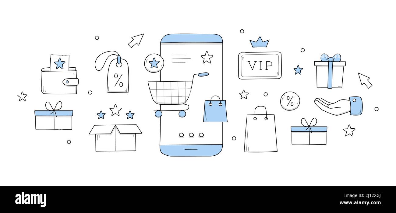Loyalty program rewards doodle concept with shopping trolley at ...