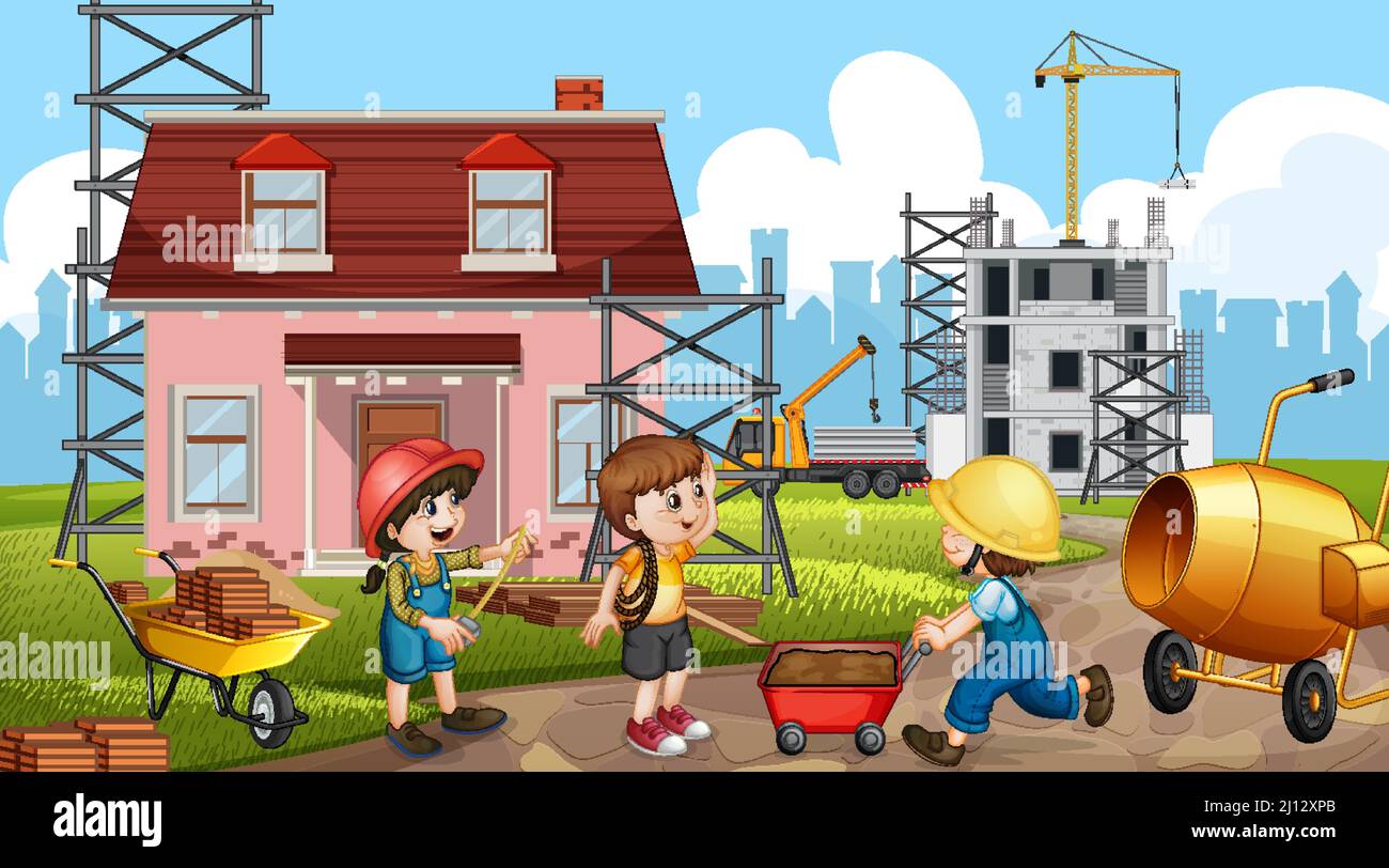 Cartoon scene of building construction site illustration Stock Vector ...