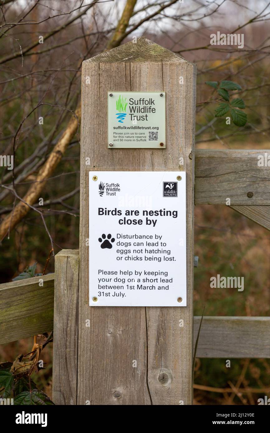 Suffolk Wildlife Trust sign about protecting nesting birds from dogs ...