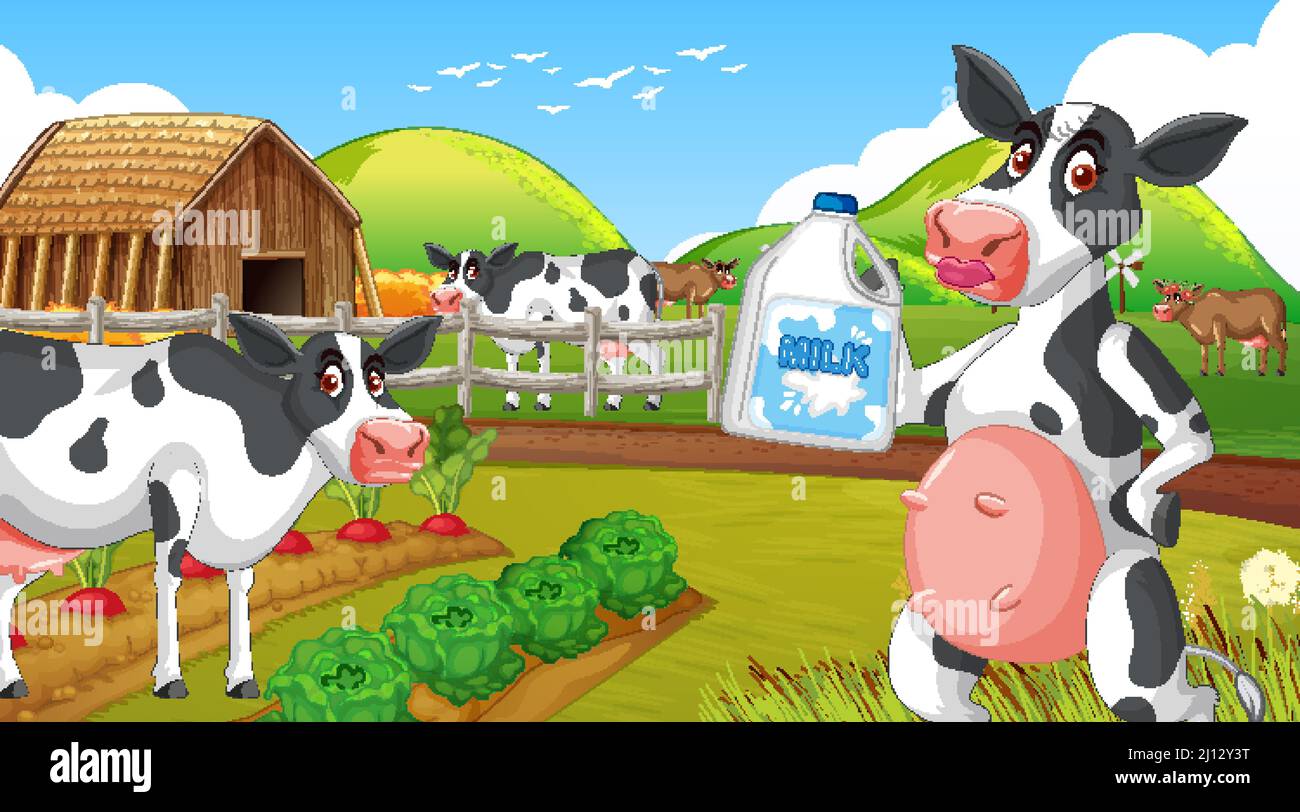 Outdoor cow farm scene with happy animals cartoon illustration Stock ...