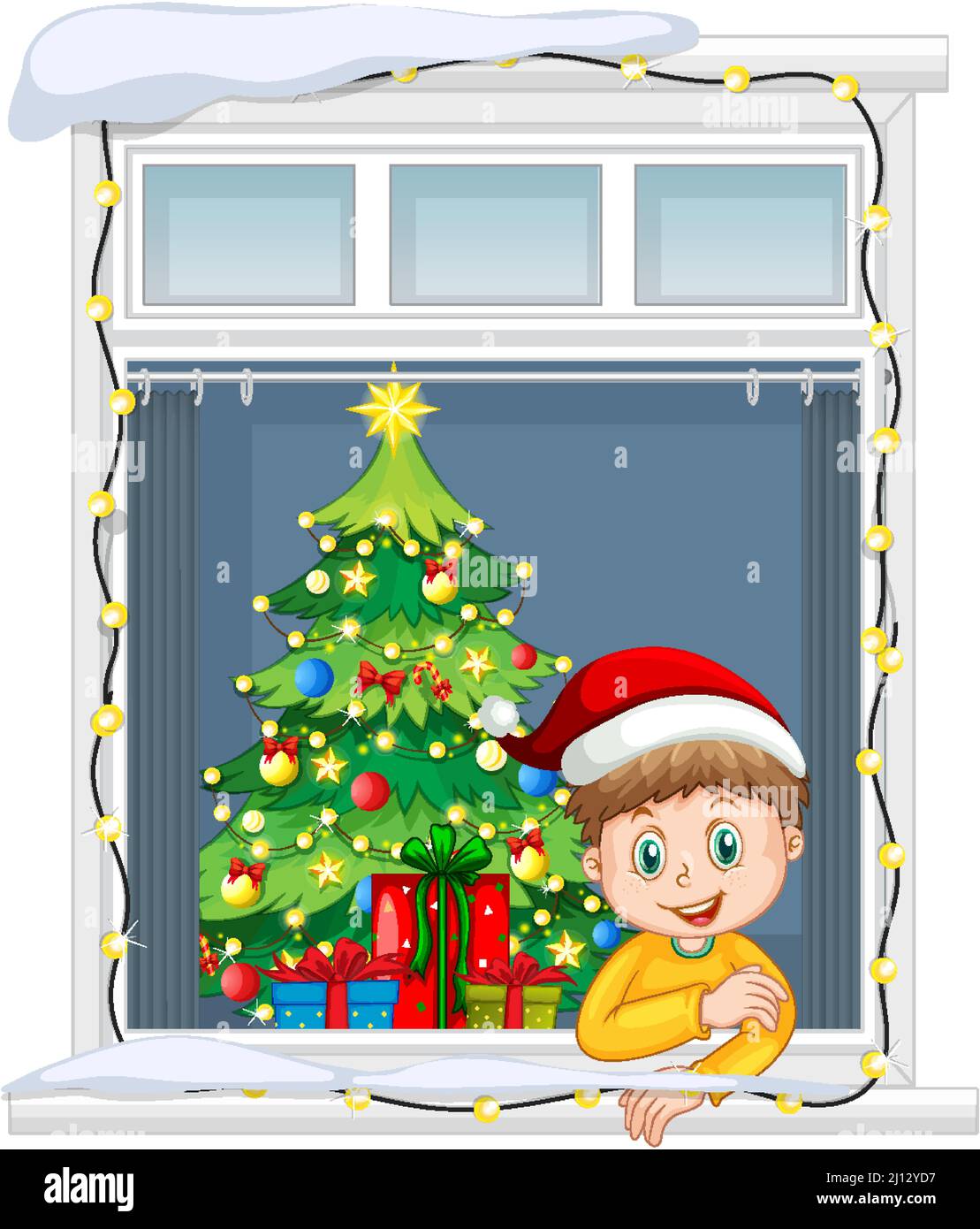 View through the window of cartoon character in Christmas theme ...