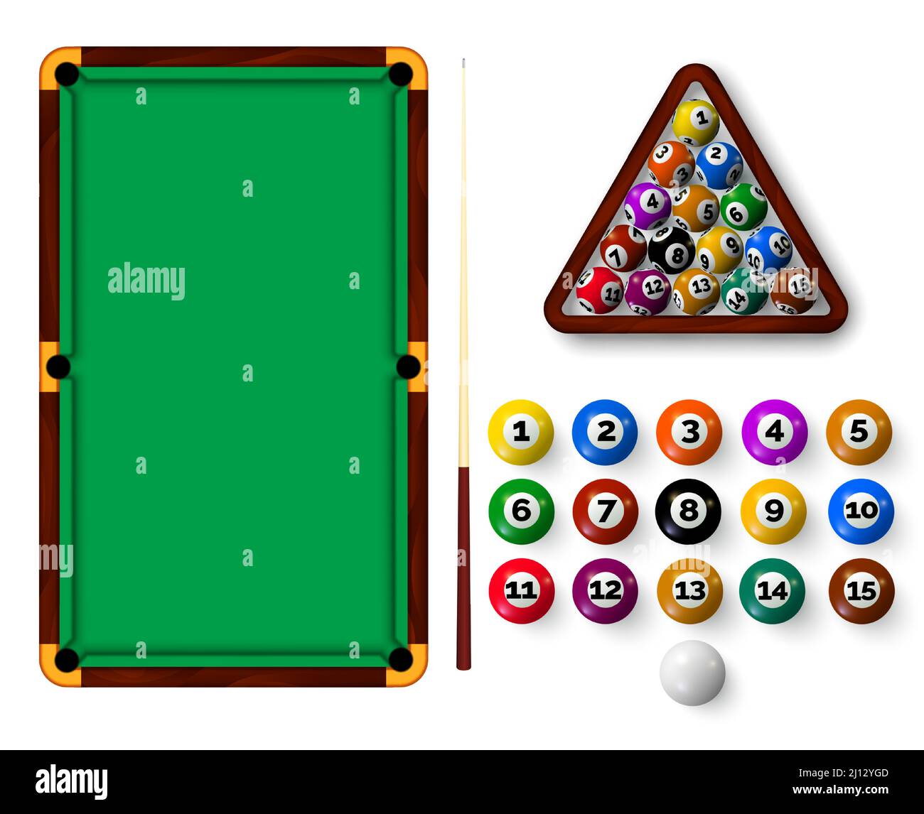 Billiard table with pockets, balls, triangle rack and cue. Realistic ... Billiard table with pockets, balls, triangle rack and cue. Realistic ...
