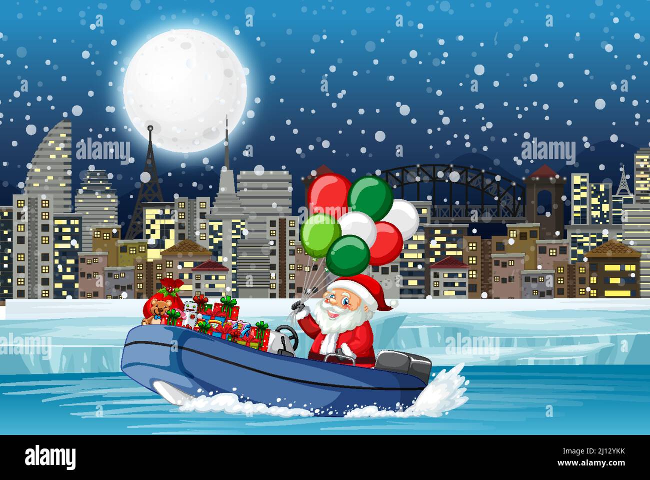 Snowy night with cute elf delivering gifts by speedboat illustration ...