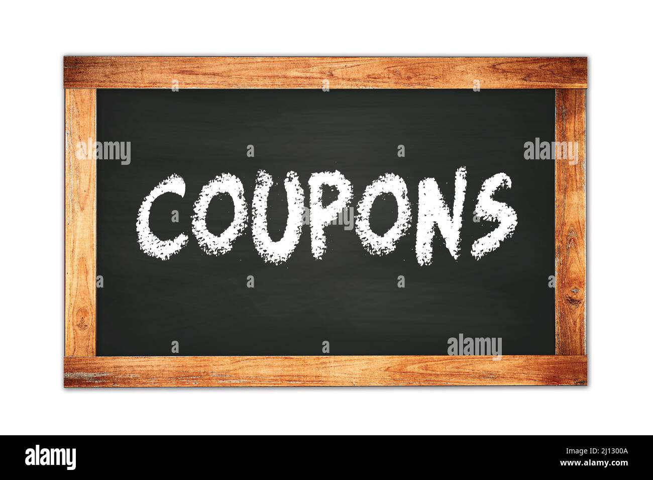 COUPONS text written on black wooden frame school blackboard Stock ...