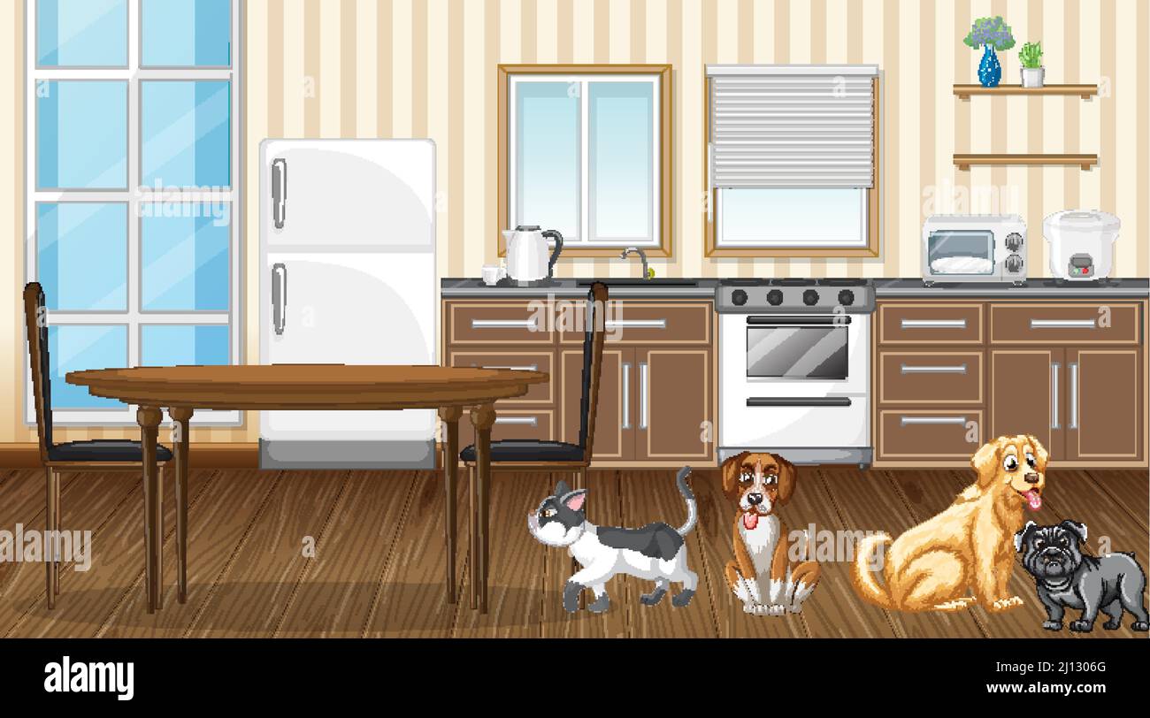 Set of different domestic animals in kitchen illustration Stock Vector ...
