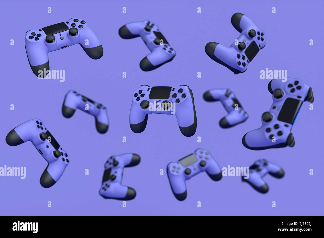 Flying gamer joysticks or gamepads on purple background with blur. 3d ...