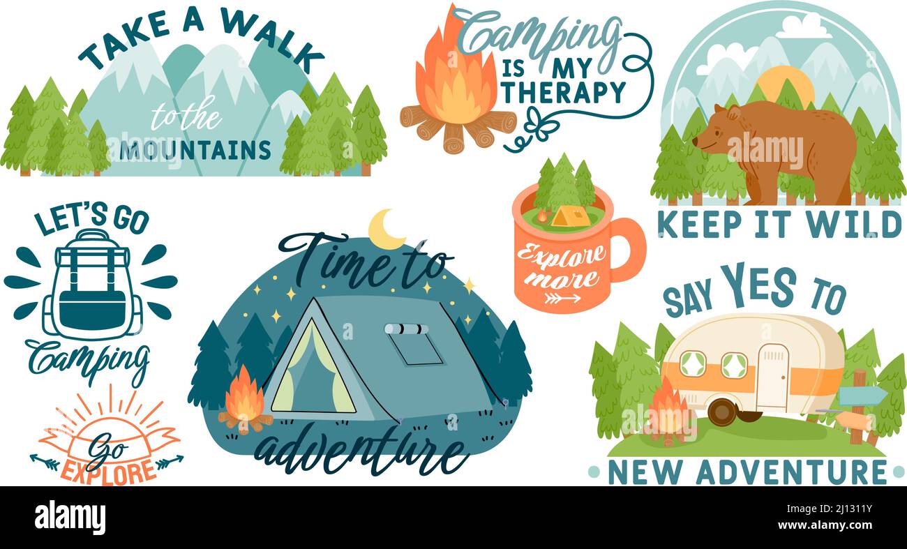 Camping, hiking and outdoor adventure motivation quotes and elements ...