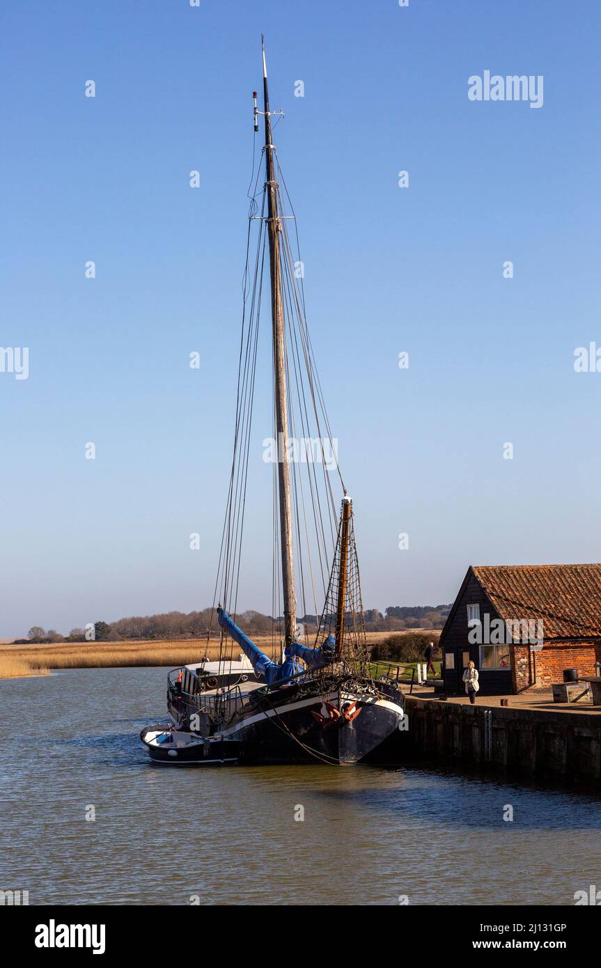 Historic sailing barge at quayside, River Alde, Snape Maltings, Suffolk ...