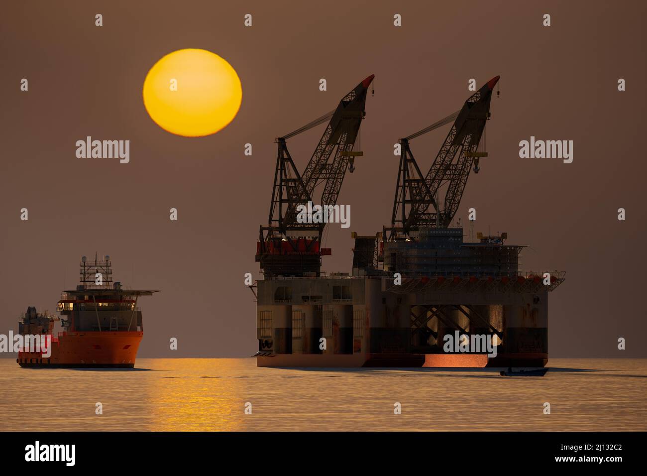 Oil rigs at sea during sunset Stock Photo - Alamy