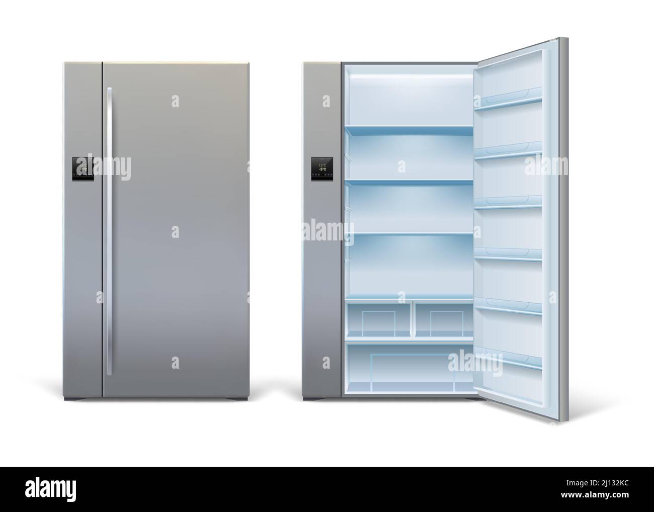 Realistic open and closed modern refrigerator mockup with shelves ... Realistic open and closed modern refrigerator mockup with shelves ...