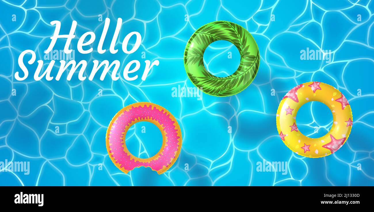 Realistic hello summer poster with pool and swimming rings. Sparkling ...