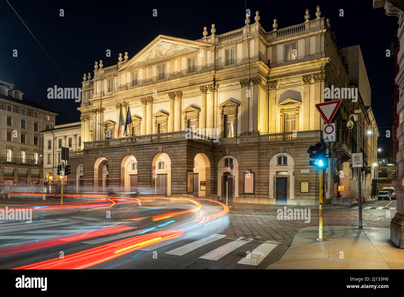 Night view of La Scala opera house, Milan, Lombardy, Italy Stock Photo ...