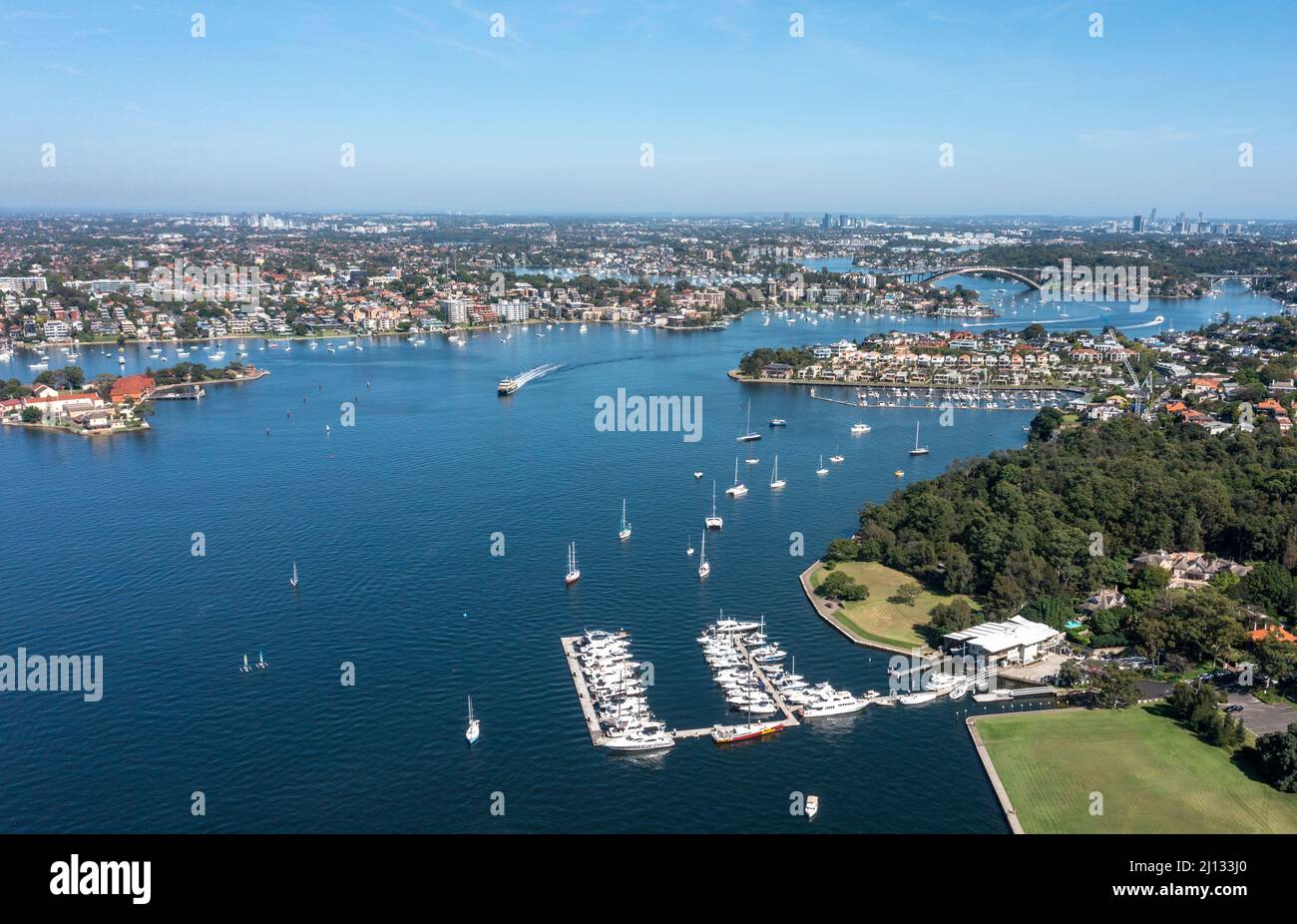 Aerial view of the Parramatta river and marina near the suburb of ...