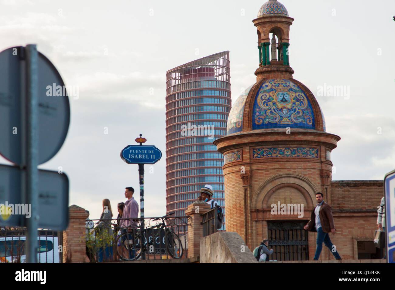 Seville, Spain. March, 2022.View of Torre Pelli behind an ornamental ...