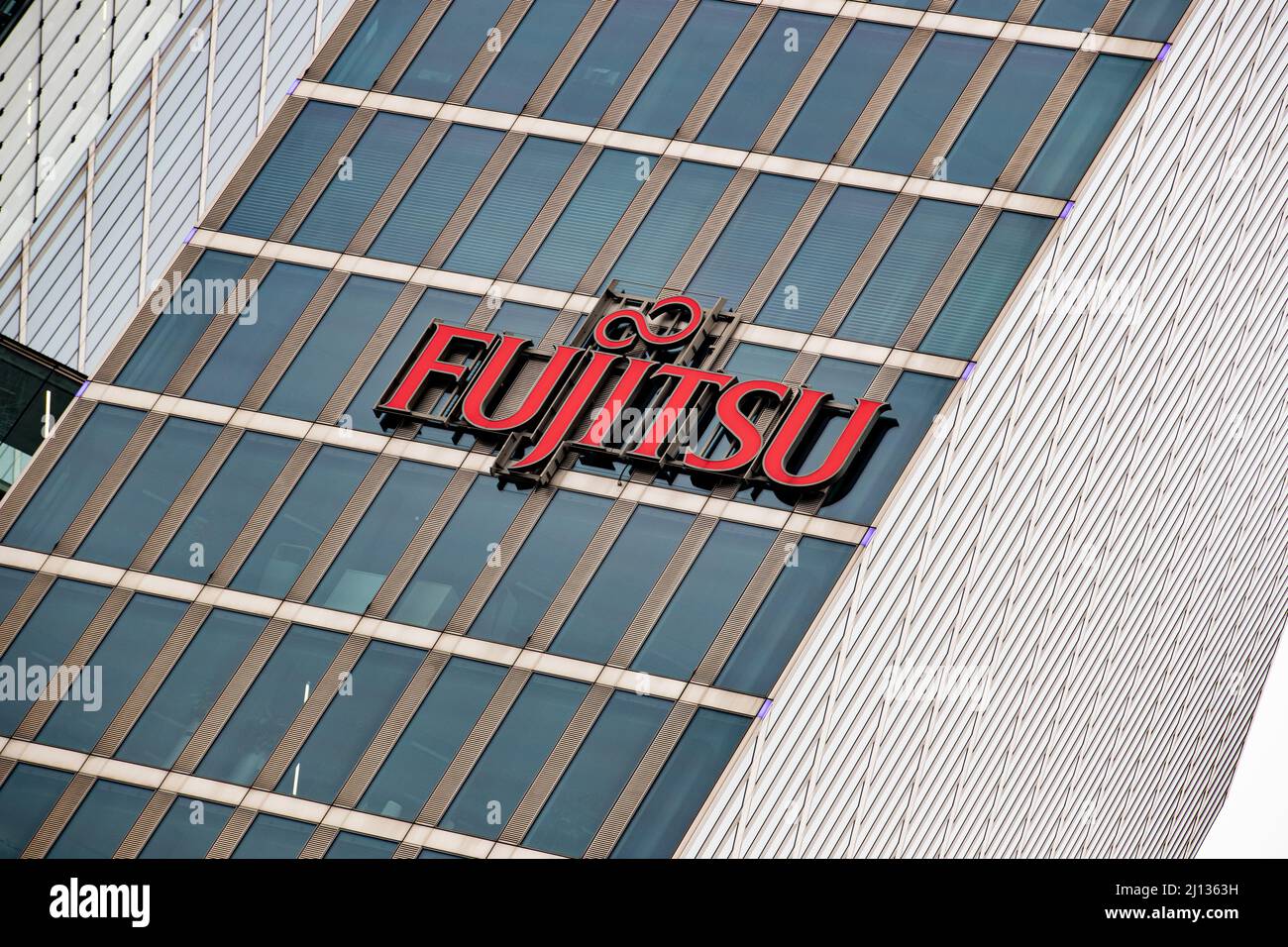 Tower of the japanese IT company Fujitsu seen in the Parstadt Schwabing ...
