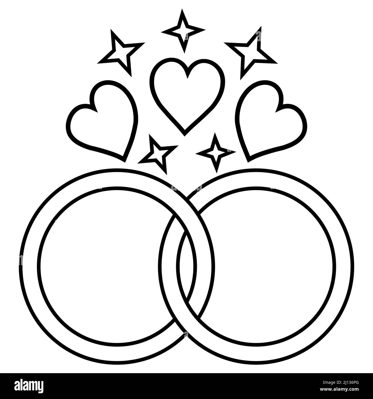 Two wedding rings with hearts and stars symbol of the wedding of love ...