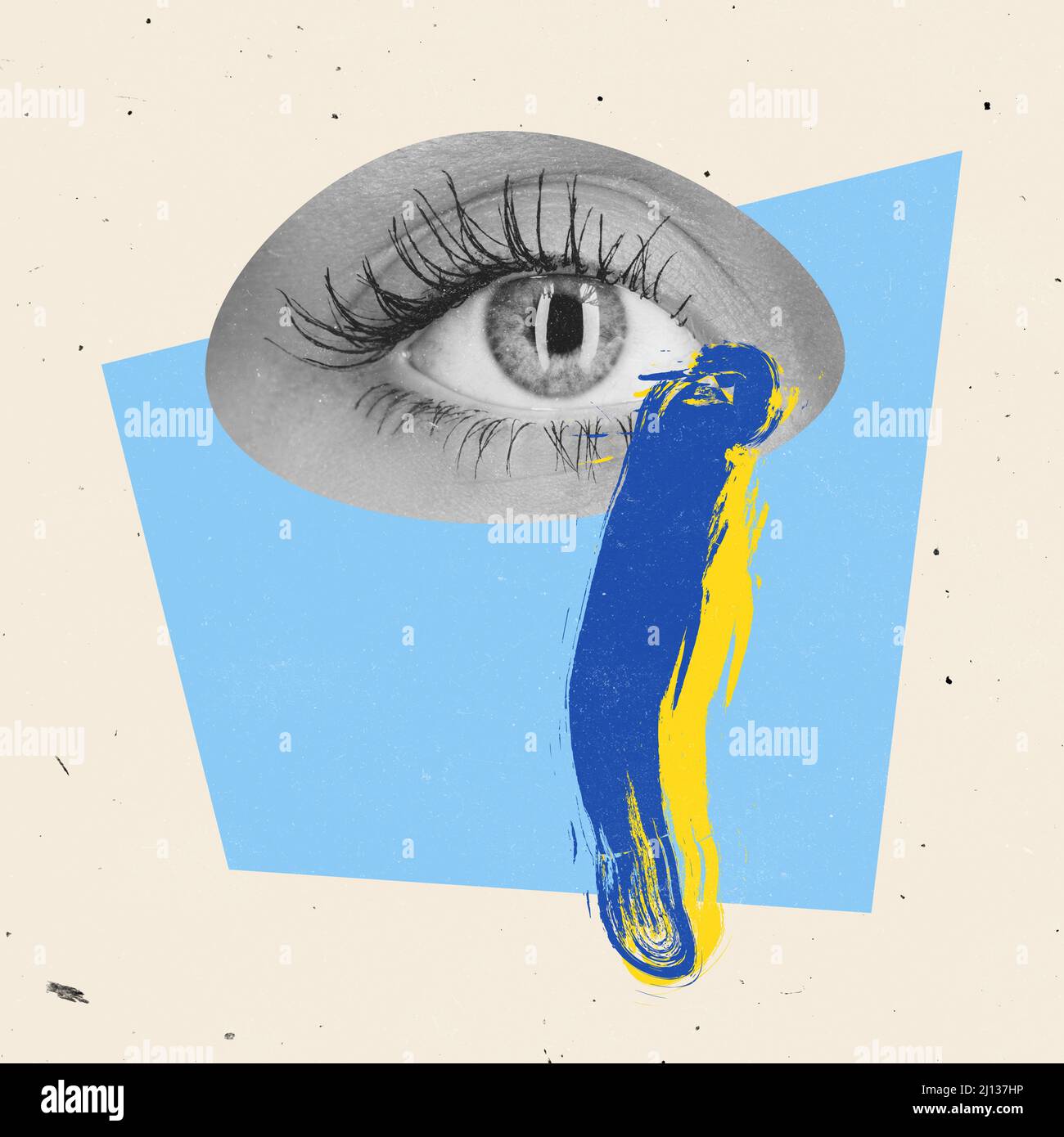 Contemporary art collage. Female eye crying with blue and yellow colors ...