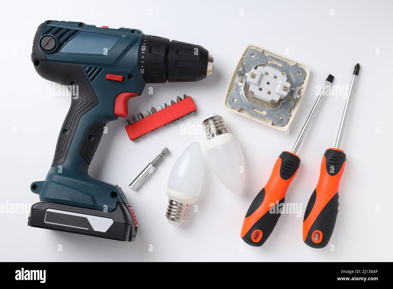 Concept of electrician or electrical tools, top view Stock Photo - Alamy