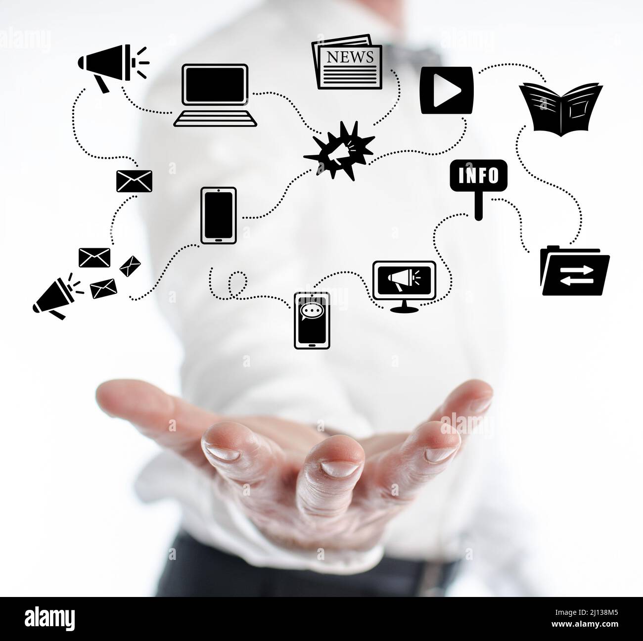 Communication media concept levitating above a hand of a man Stock ...