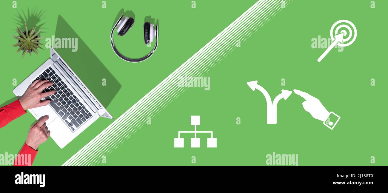 Top view of hands using laptop with symbol of coaching concept Stock ...