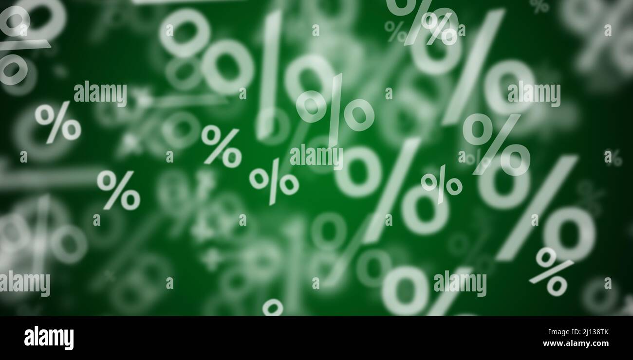 Flying percent signs over green background Stock Photo - Alamy