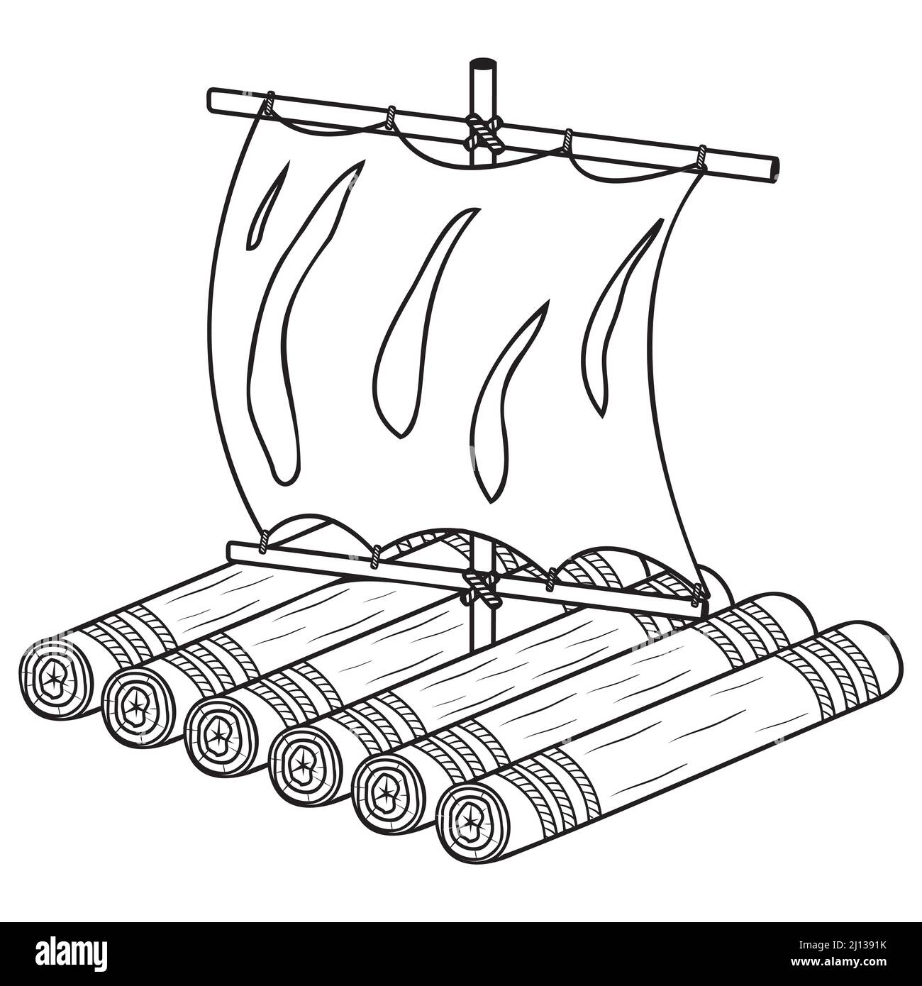 Wooden raft with sail, isolated vector illustration black outline ...