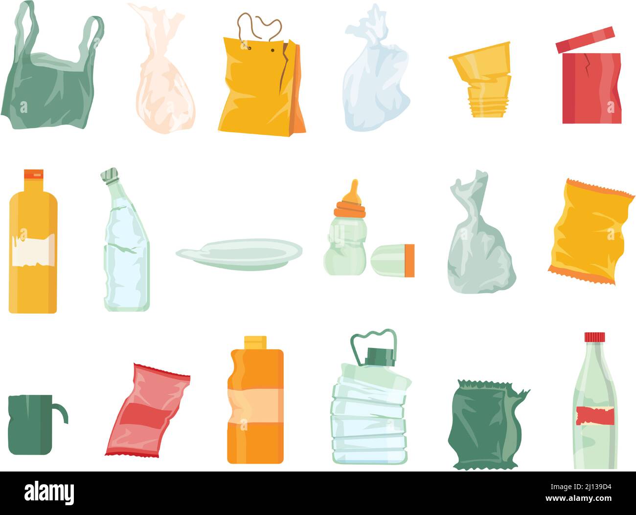 Plastic garbage pollution, bags, bottles, disposable tableware and ...