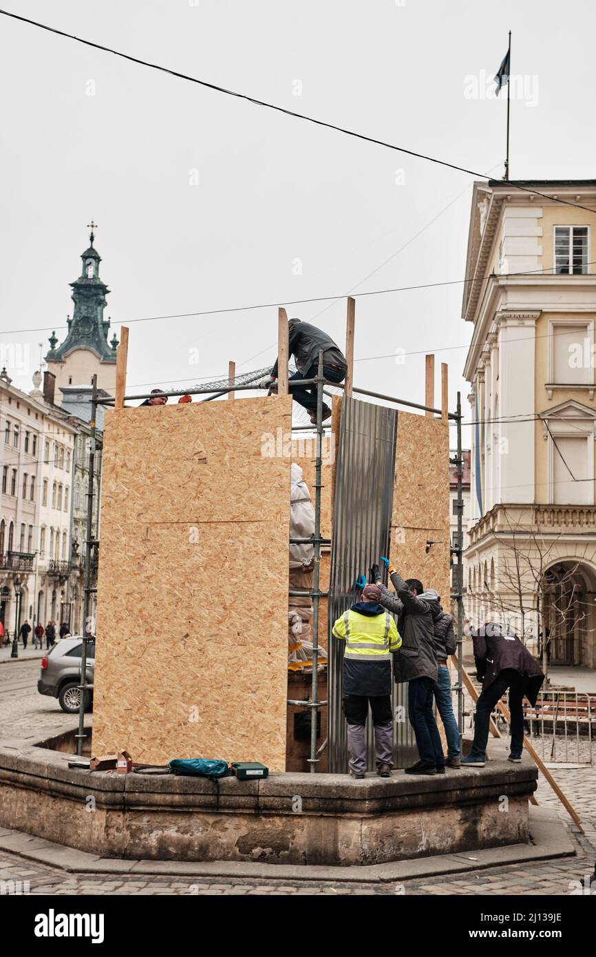 Ukrainians Work to Protect Historic Statues in Lviv. Protective ...