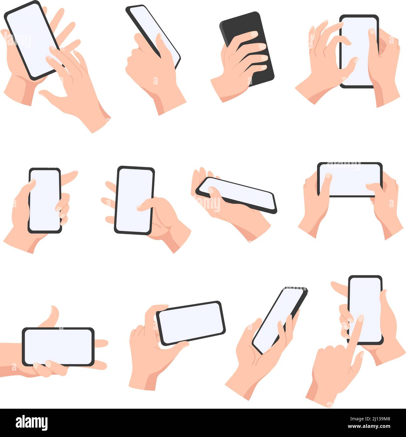 Cartoon female or male hands hold smartphones with empty screens. Phone ...