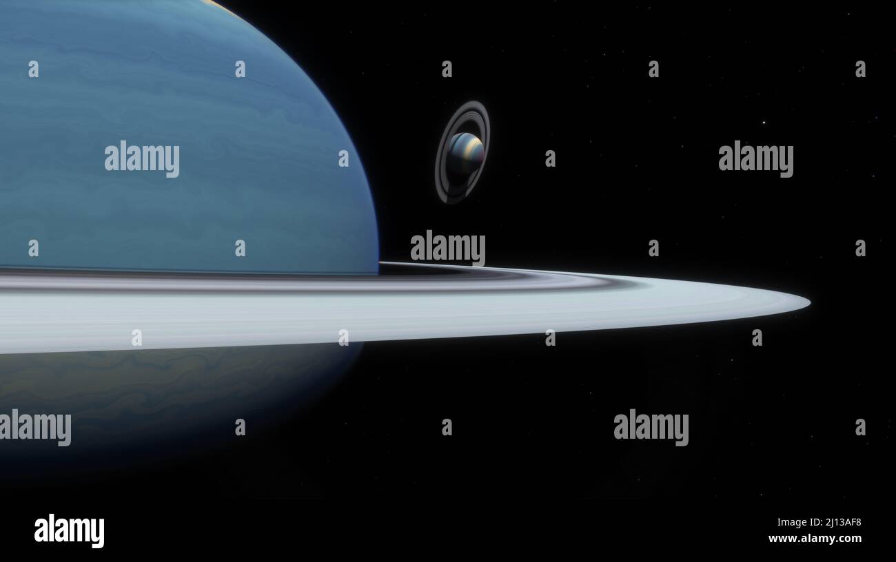 Fantastic planet, Saturn rings. Gas giant planet with an asteroid ring around its orbit in space ...