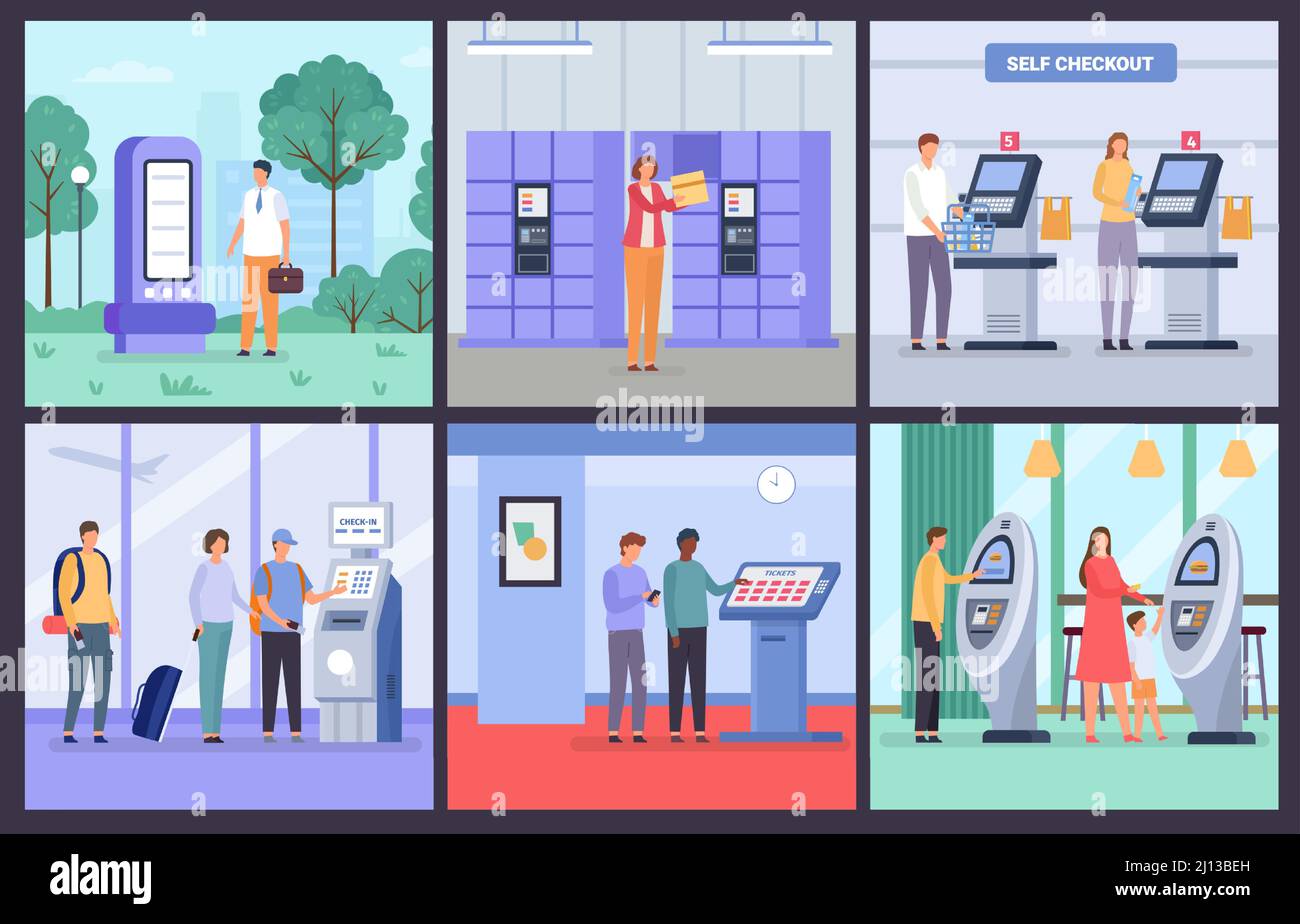 People use self service terminal to buy tickets at airport and cinema ...