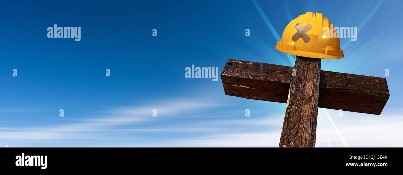 Hard hat or safety helmet with a cross bandaid (adhesive bandage), on ...