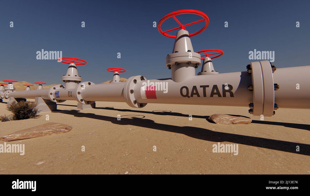 The gas pipeline with flags of Qatar and EU. 3d rendering Stock Photo ...