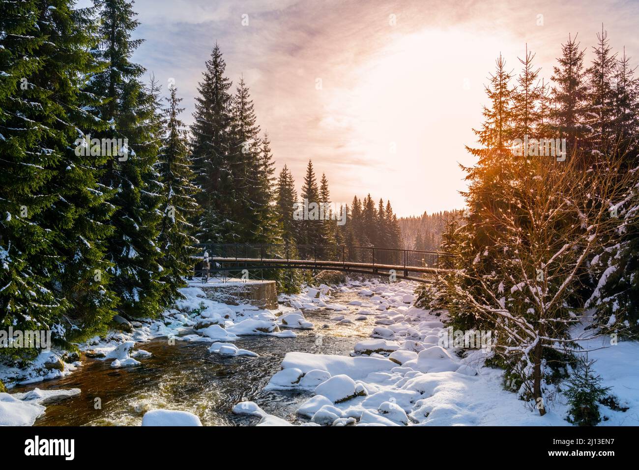 Pedestrian broder bridge over Jizera River in winter Stock Photo - Alamy