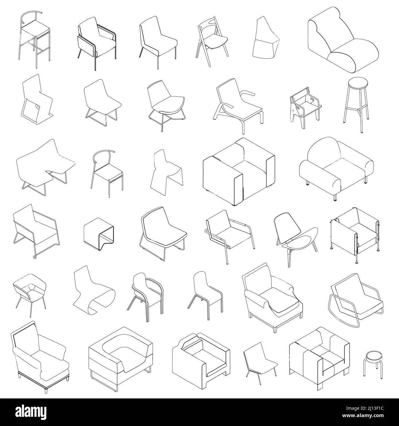 Set with contours of chairs and armchairs from black lines isolated on ...