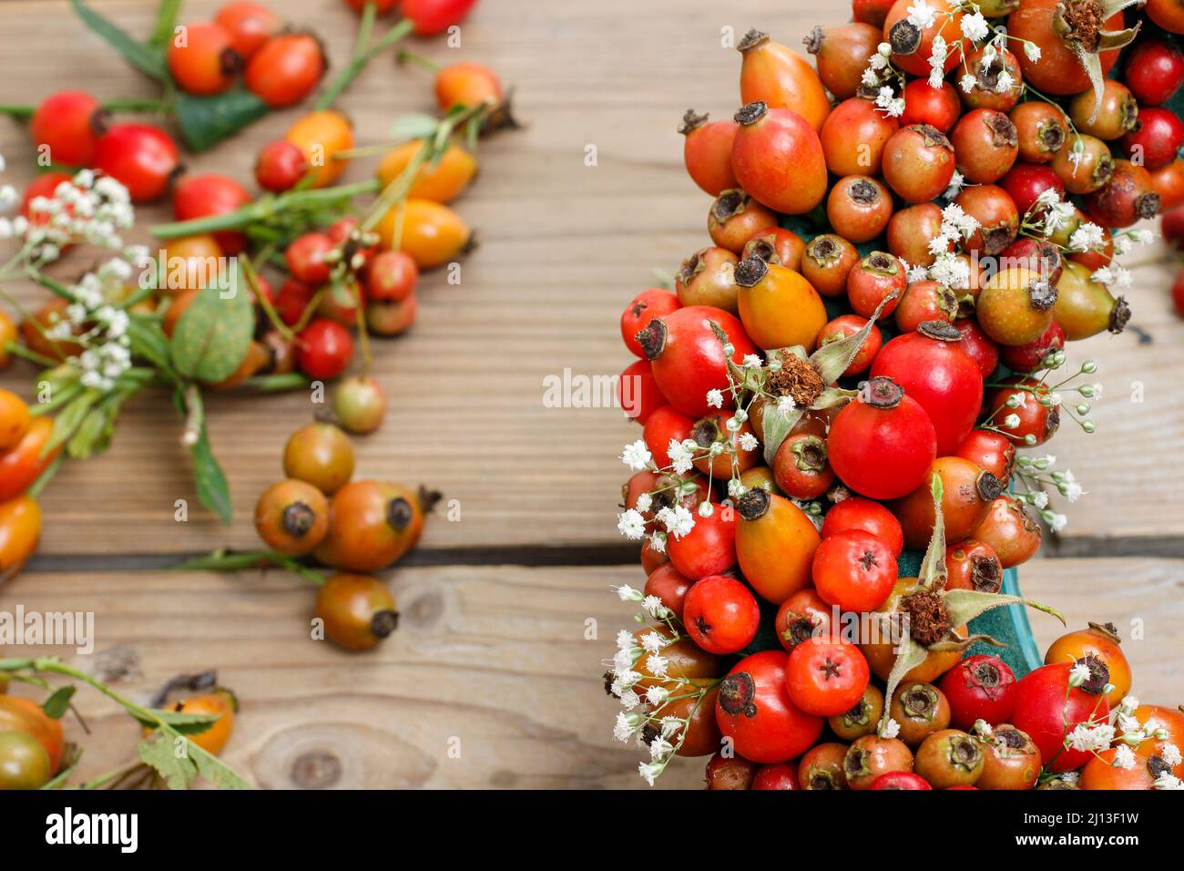 Steps of making door wreath with rose hip, hawthorn and rowan berry ...