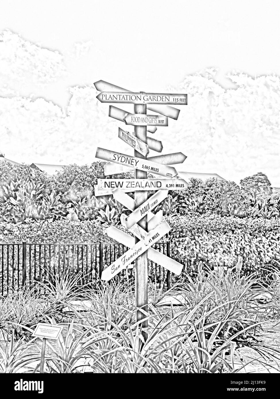Pencil drawing of a fun directional sign post with countries of the ...