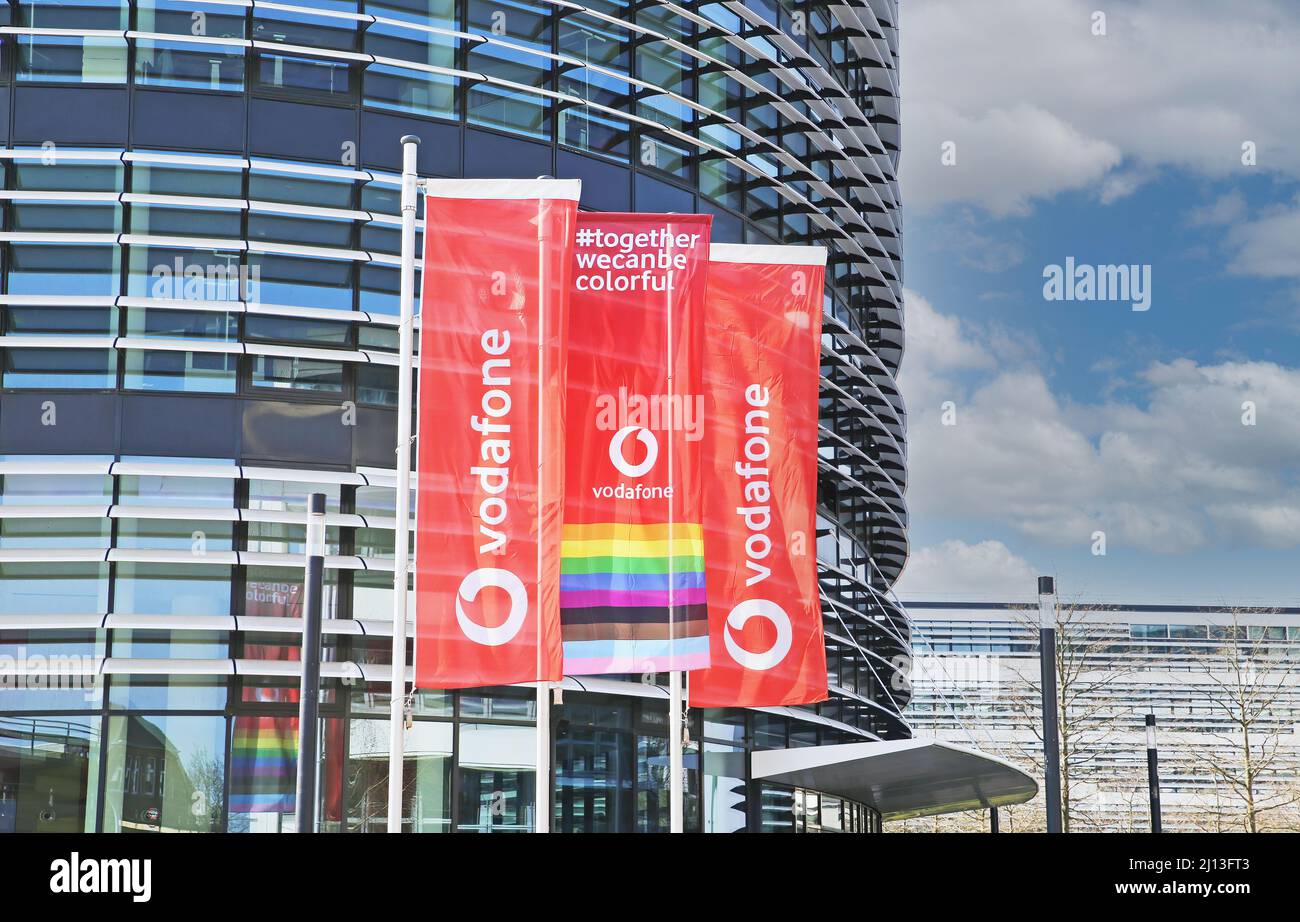 Düsseldorf (Vodafone campus) - March 9. 2022: View on red flags at ...