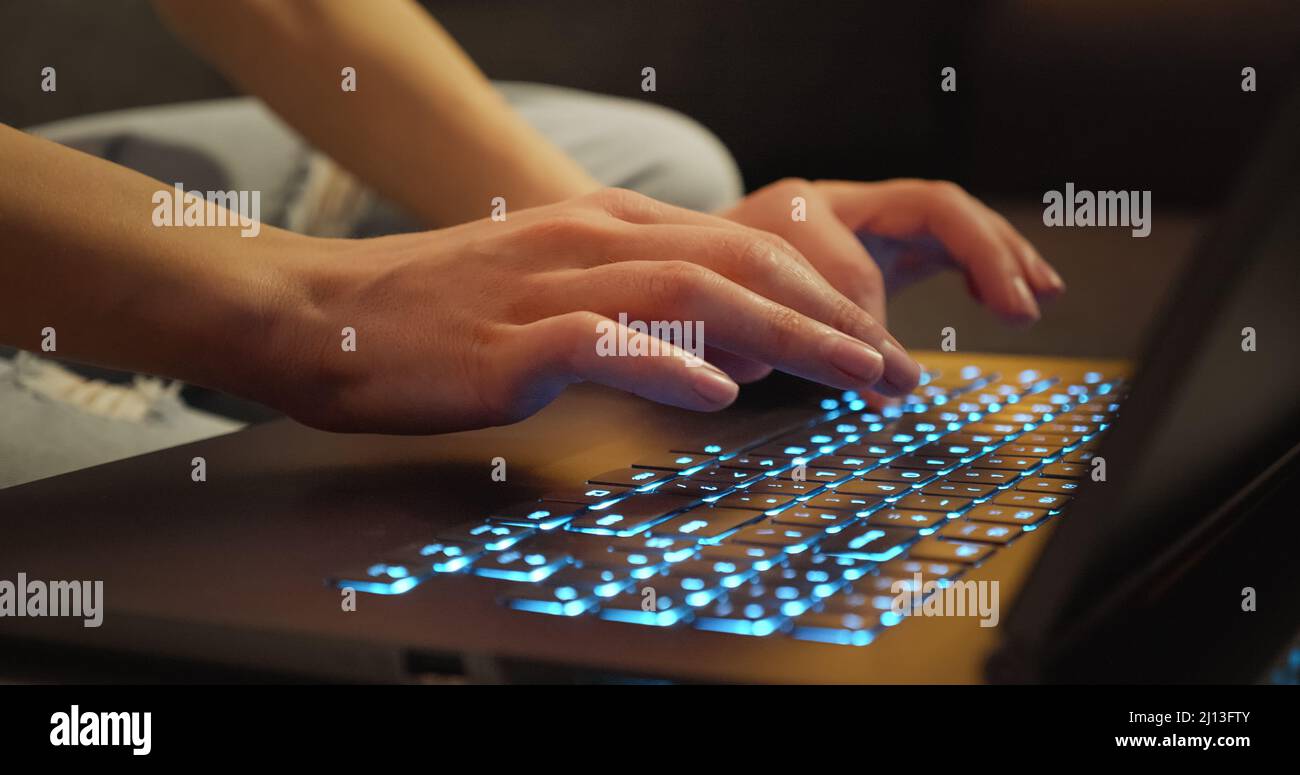 Woman Writes Message To Social Network Hands Typing On Keyboard Late