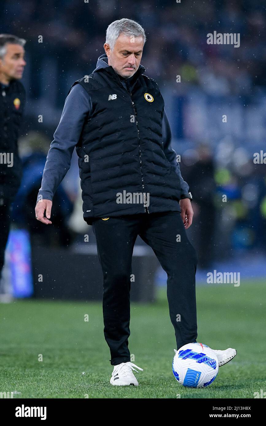 Rome, Italy. 20th Mar, 2022. Jose' Mourinho manager of AS Roma kicks ...