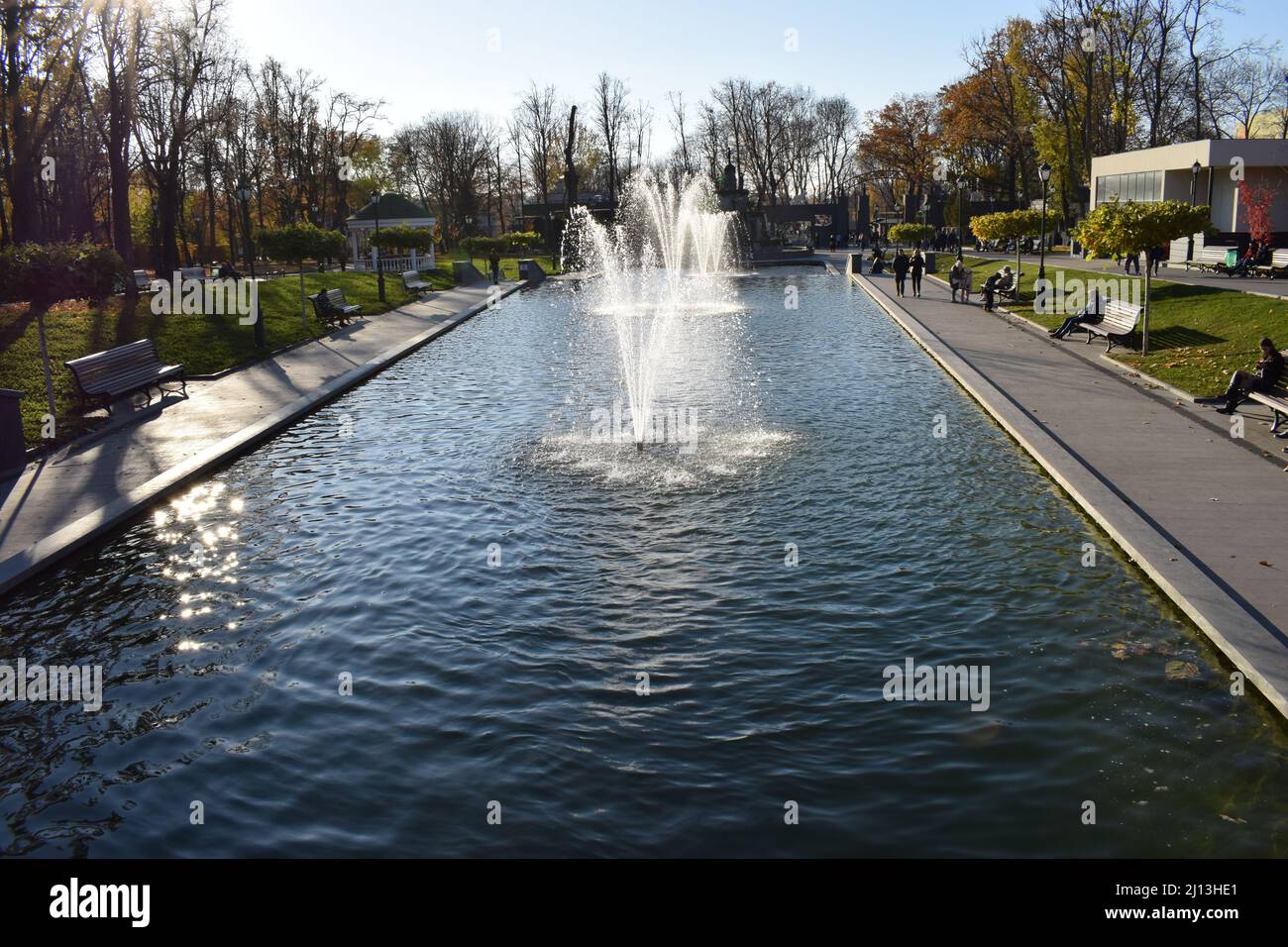 Kharkov, Ukraine. 2021, October 26. View of a Canal with fountain drops ...