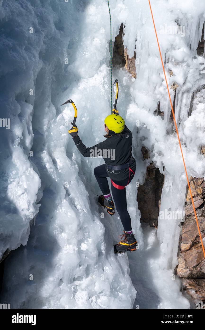 A female ice climber ascending an ice wall using ice axes and crampons ...