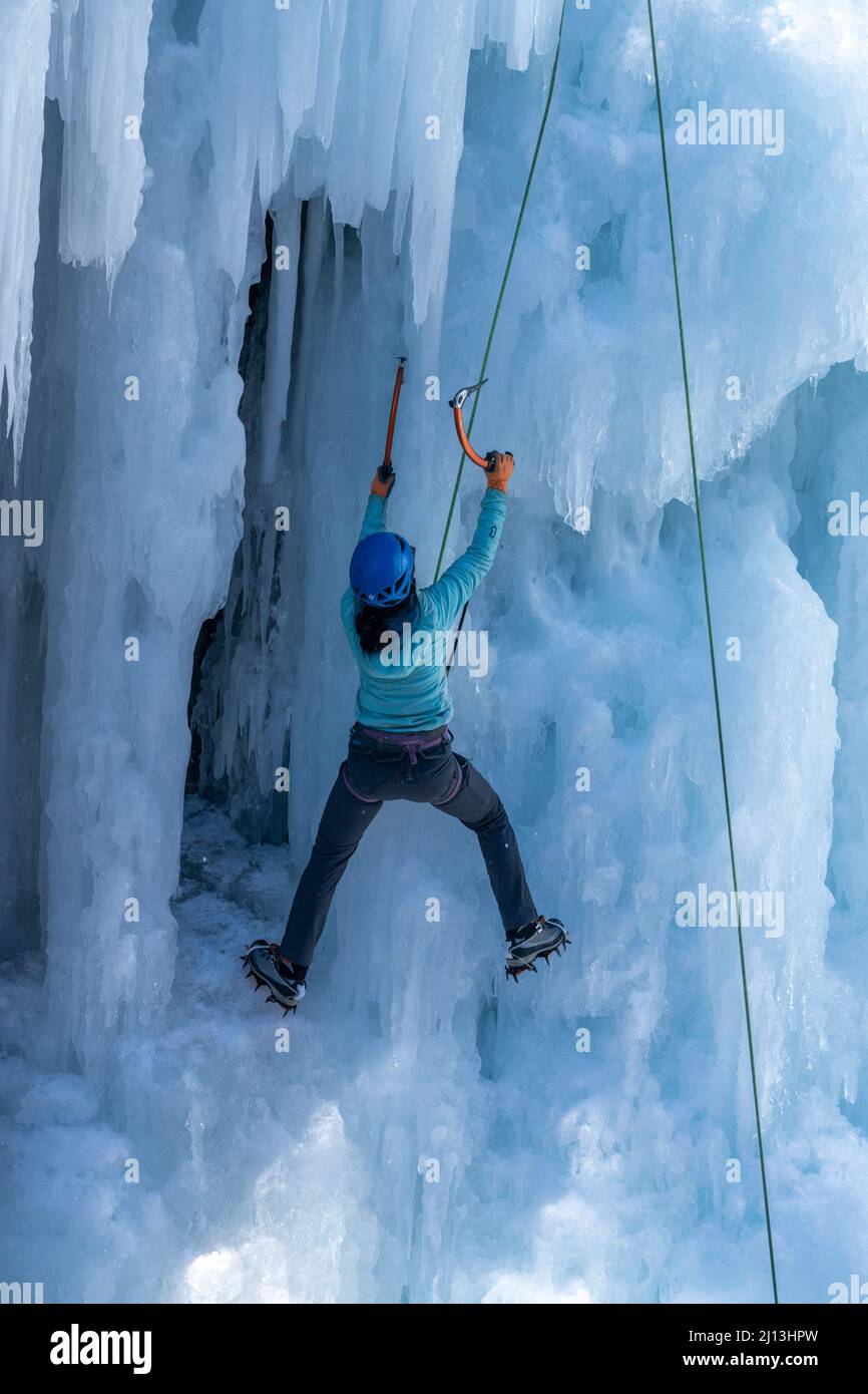 A female ice climber ascending an ice wall using ice axes and crampons ...